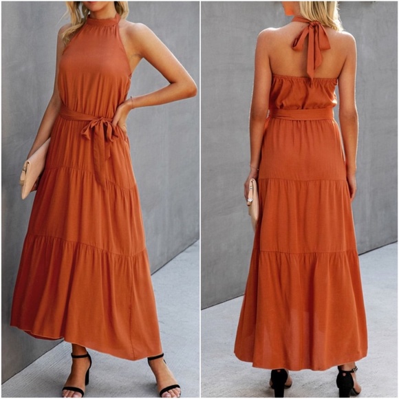 Dresses | Boho Rust Orange Halter Belted Midi Dress | Poshmark